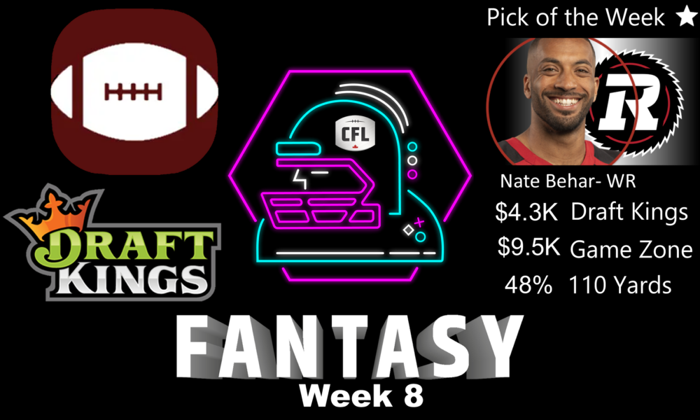 CFL Week 8 Draft Kings, Game Zone Weekly Picks and Sleepers, 110Yards Waiver Wire