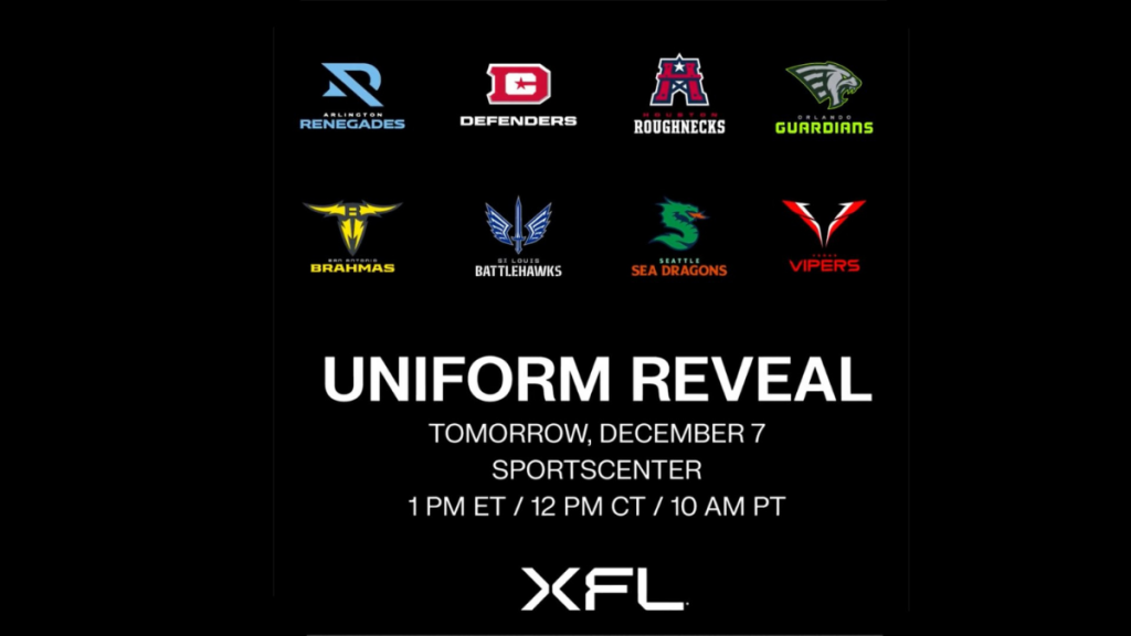 XFL Uniform Reveal Set For Wednesday Dec 7th At 1pm On ESPN
